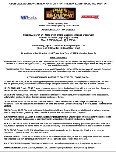 Open Call Auditions For Bullets Over Broadway Musical Tour – The Woody ...